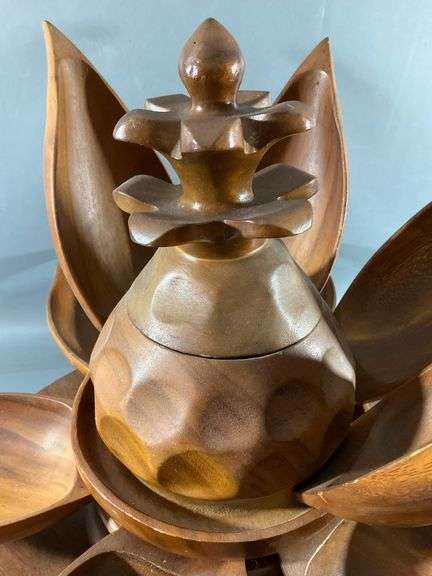 Large Wooden Lotus Flower Lazy Susan With Removable Bowls - Coastal ...