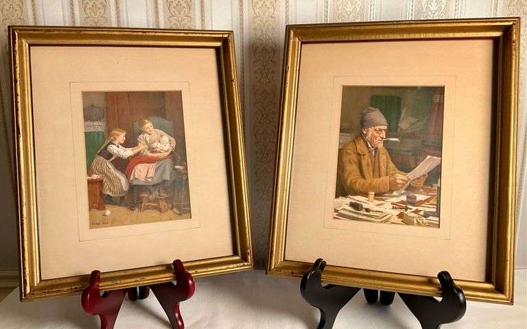 Pair Of Framed And Matted Thought To Be Albert Anker Art, Measures 11. ...