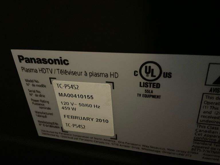 Panasonic Viera S2 Series Plasma 54” TV with Remote Model # TC-P54S2 ...