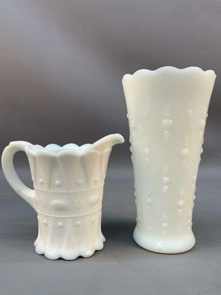 John E Kemple Milk Glass Creamer and a 7” Vase - Coastal Downsizing LLC