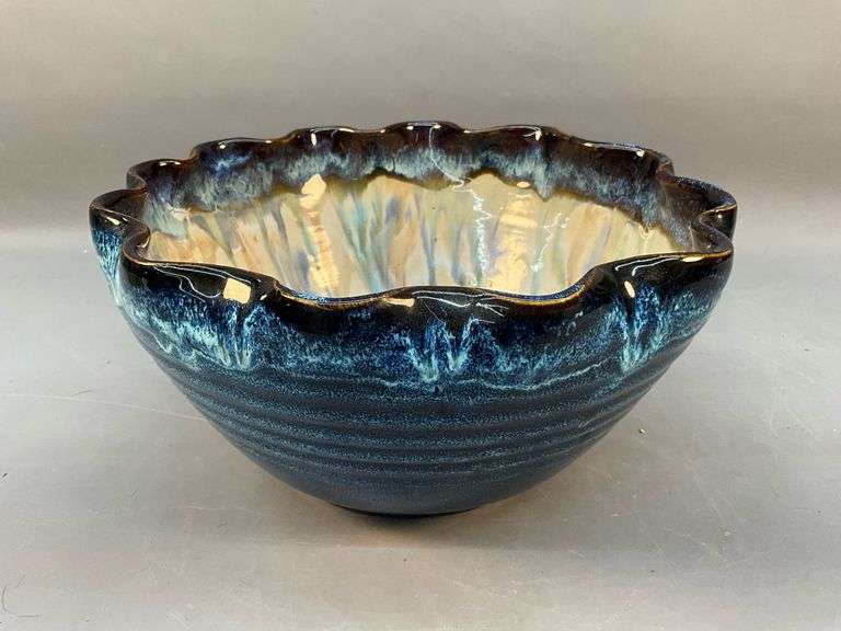 Large Pottery Bowl with Ruffled Edges, Outside of Bowl is a Deep Blue ...