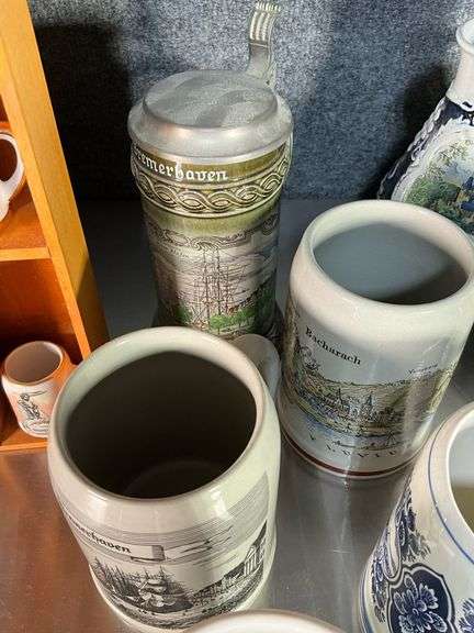 Large Lot of Assorted Sized Beer Steins with Wooden Display Shelf ...