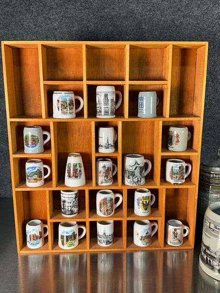 Large Lot of Assorted Sized Beer Steins with Wooden Display Shelf ...