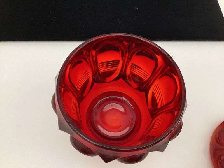 FENTON RUBY RED COVERED CANDY DISH W/ LABEL - Currie Auction Service