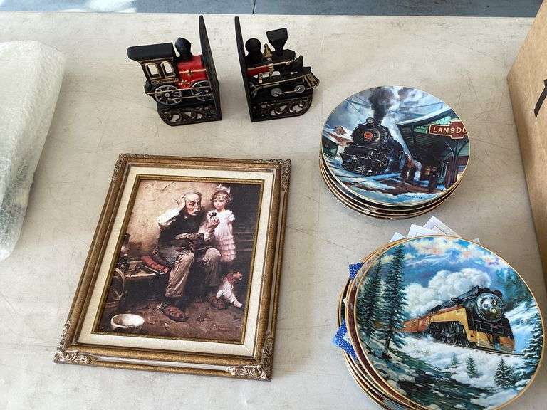 NORMAN ROCKWELL FRAMED ART, NORMAN ROCKWELL TRAIN SCENE PLATES AND IRON ...