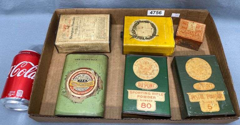 6 Vintage gun powder & blasting cap tins - Dixon's Auction at Crumpton