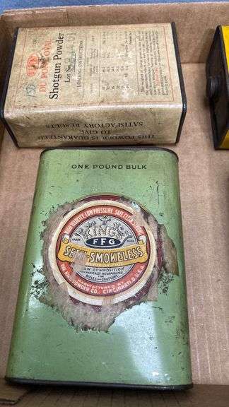 6 Vintage gun powder & blasting cap tins - Dixon's Auction at Crumpton