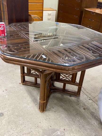 MCM rattan dining table w/ glass top - Dixon's Auction at Crumpton