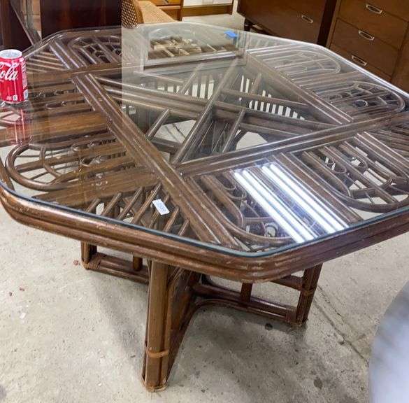 MCM rattan dining table w/ glass top - Dixon's Auction at Crumpton