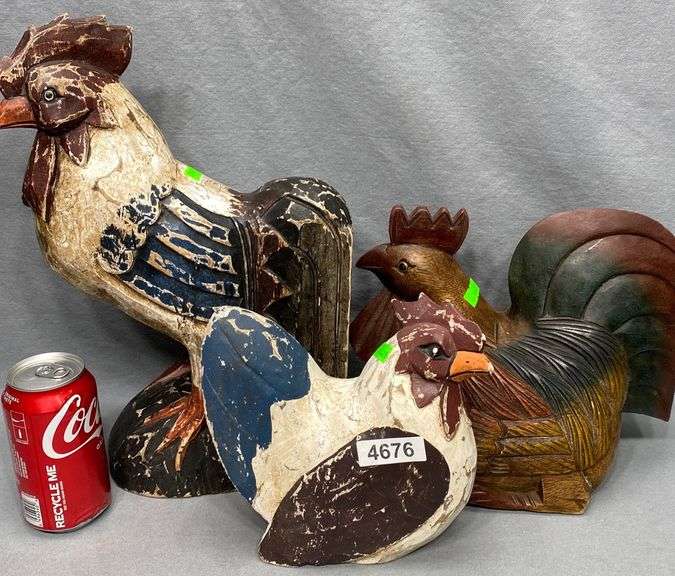 3 Carved wood rooster sculptures - Dixon's Auction at Crumpton
