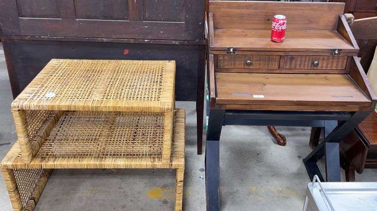 Industrial-style desk + wicker tables, as-is - Dixon's Auction at Crumpton