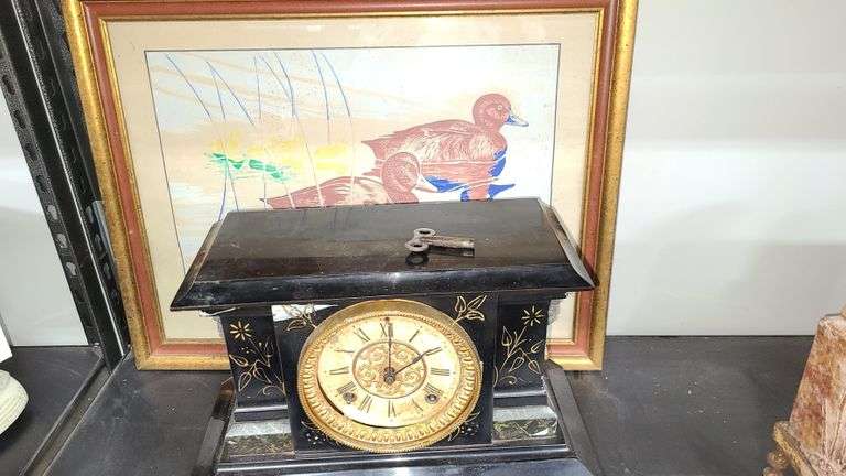 Lot Antique Mantel Clock World Map Civil War Relics Duck Print Etc ...