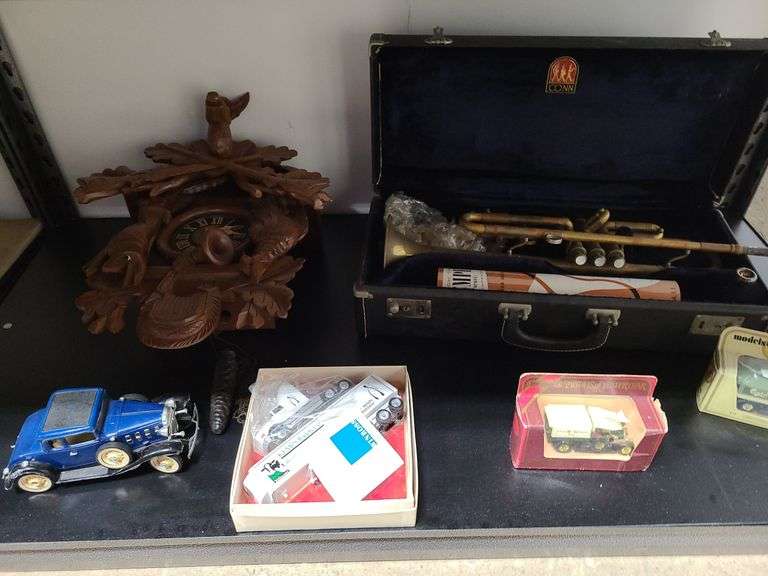 Lot Conn Trumpet & Case, Cuckoo Clock Model Cars Etc - Dixon's Auction ...