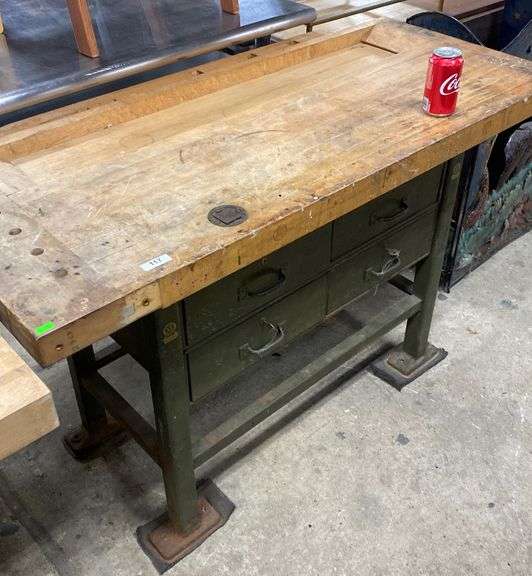 Vintage industrial butcher block work bench - Dixon's Auction at Crumpton