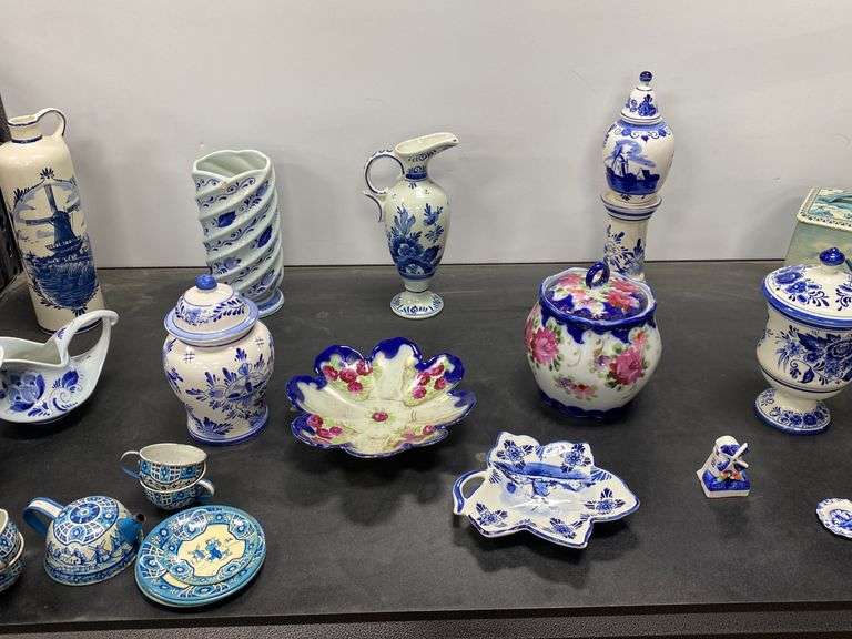 Lot of Delft style Pottery, Porcelain Covered Jar, Metal Demitasse Tea ...