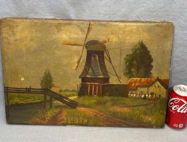 Antique windmill oil painting on canvas - Dixon's Auction at Crumpton
