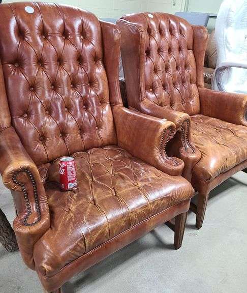 Pair button tufted upholstered chairs, a few loose buttons and splits ...