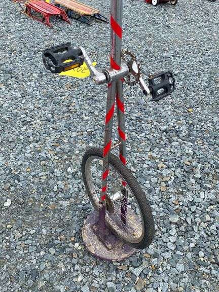 Unicycle mounted as floor lamp, no wiring - Dixon's Auction at Crumpton
