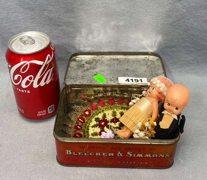 Vintage celluloid dolls w/ advertising tin - Dixon's Auction at Crumpton