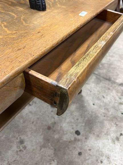 Antique oak library table desk, splits in top - Dixon's Auction at Crumpton