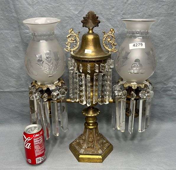 Antique Argand lamp with etched shades - Dixon's Auction at Crumpton