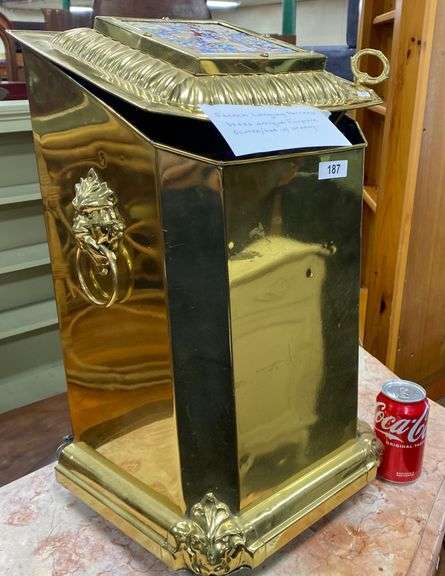 Victorian brass coal hod with inset Longwy tile, missing one caster ...