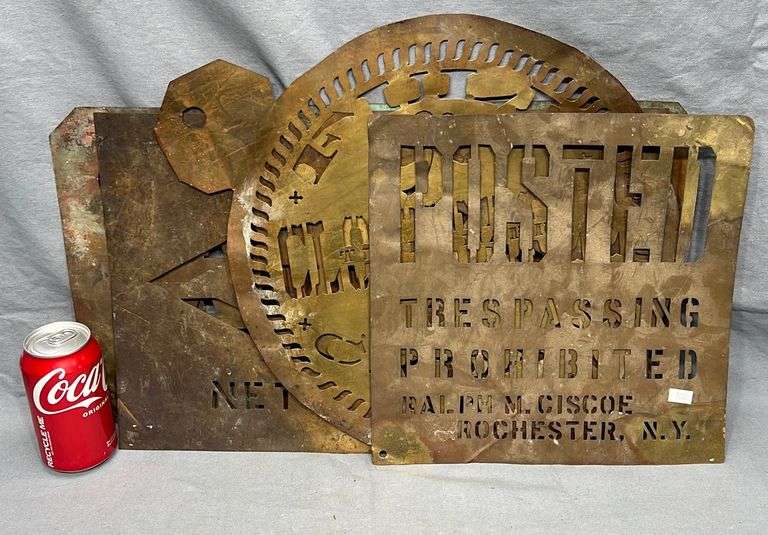 4 Antique brass advertising stencils - Dixon's Auction at Crumpton