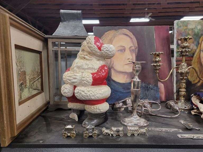 Lot Vintage Paintings, Santa Figure, Marble Lamp etc - Dixon's Auction ...