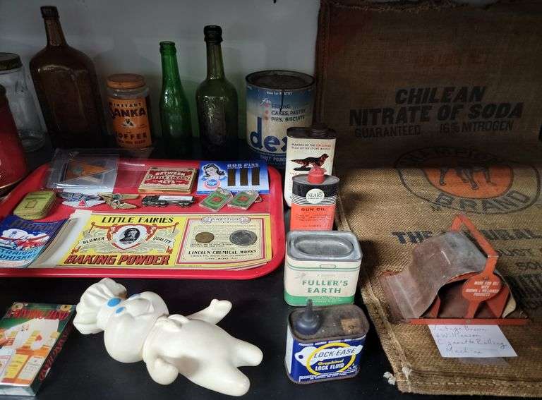 Lot Vintage Canisters, Old Bottles, Seed Sack, Advertising Tins etc ...