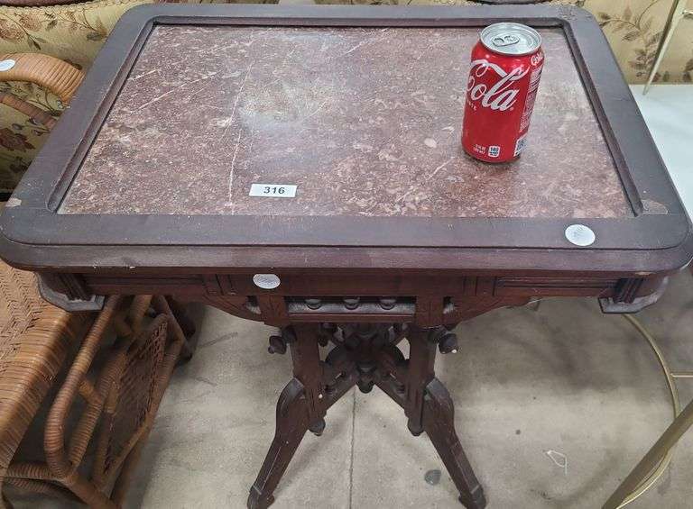 Victorian marble-top walnut parlor table, veneer damage - Dixon's ...