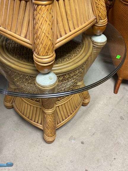 Pair wicker rattan glass-top tables - Dixon's Auction at Crumpton