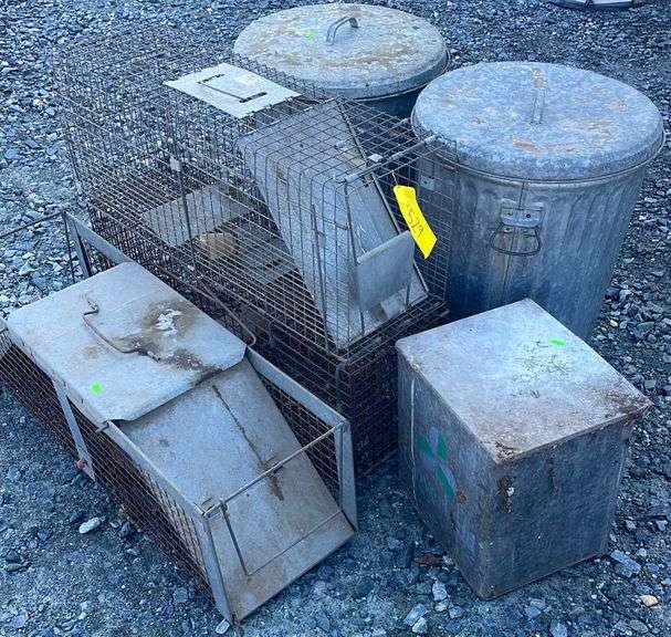 animal traps and galvanized trash can lot - Dixon's Auction at Crumpton
