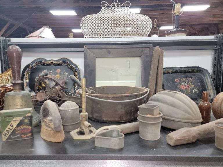 Lot Cast Iron Cook Pot, Old Frame, Antique Primitive Cookware, Brass ...