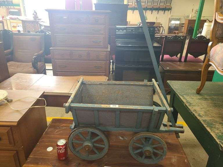 Antique primitive blue painted goat cart - Dixon's Auction at Crumpton