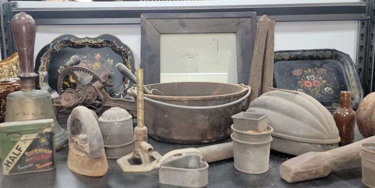 Lot Cast Iron Cook Pot, Old Frame, Antique Primitive Cookware, Brass ...