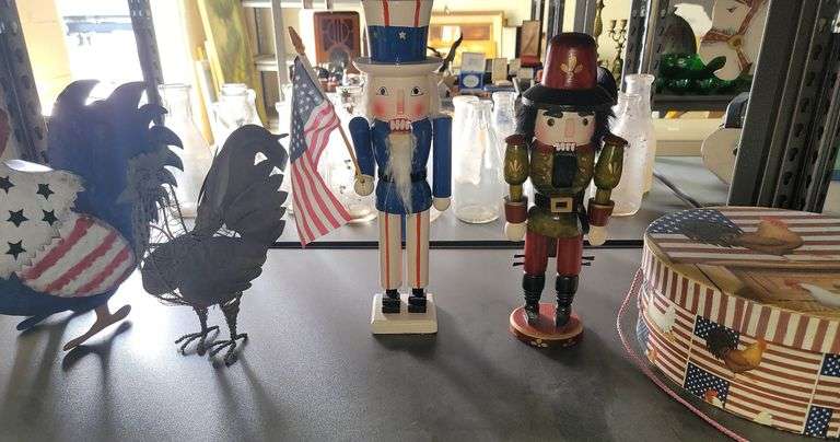Lot Patriotic Uncle Sam Nutcracker, Roosters & Box - Dixon's Auction at ...