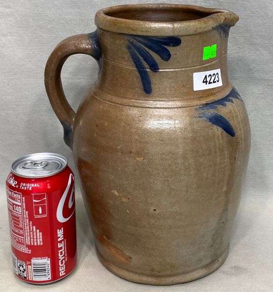 Antique blue decorated stoneware pitcher-restoration - Dixon's Auction ...