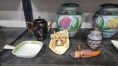 Lot Vintage Art Pottery Shrimp Bowl, English Falcon Ware Covered Urns ...