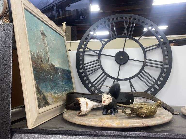 Lot Lighthouse Painting, Framed Print, Cast Iron Hitler Skunk, Clock ...