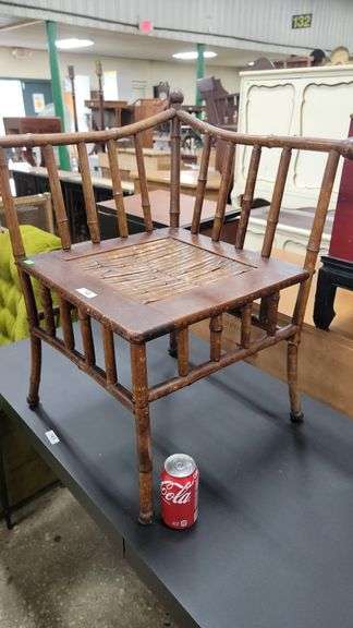 Antique scorched bamboo corner chair, original finish with minor wear ...