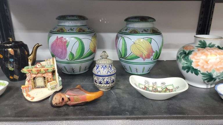 Lot Vintage Art Pottery Shrimp Bowl, English Falcon Ware Covered Urns ...