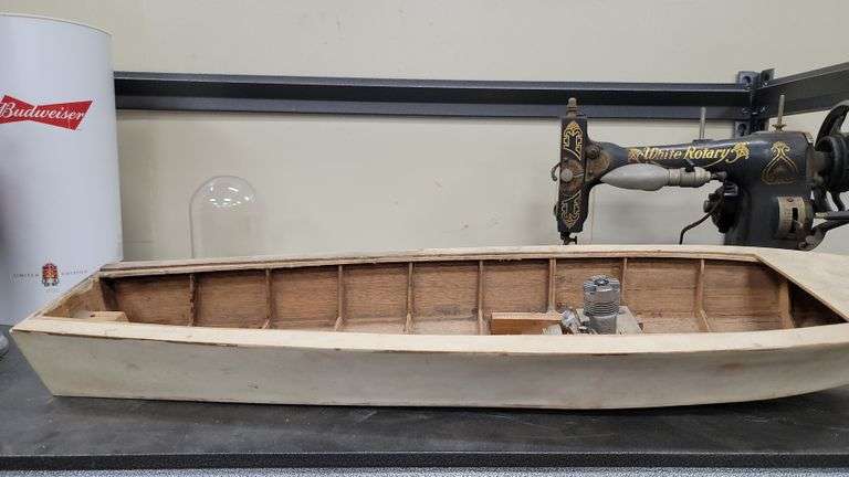 Lot Budweiser Light, Antique White Rotary Sewing Machine, Boat Model ...