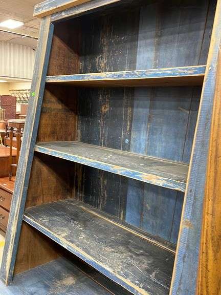 Farmhouse primitive blue painted canted stepback cupboard - Dixon's ...