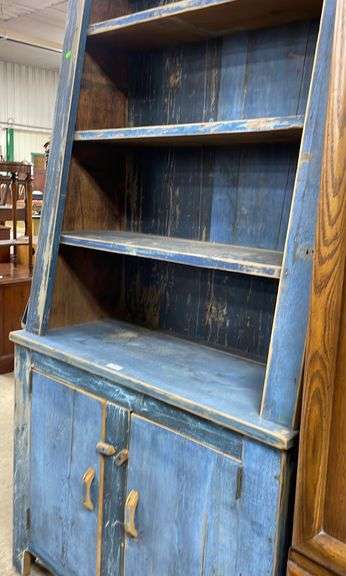 Farmhouse primitive blue painted canted stepback cupboard - Dixon's ...