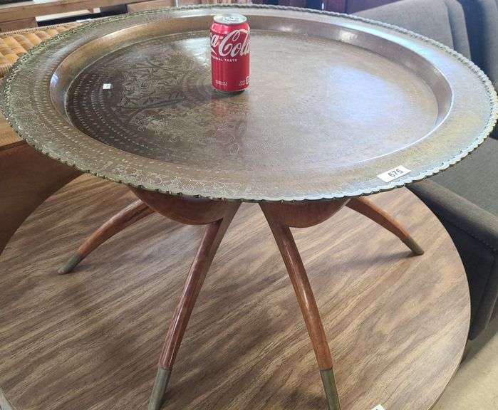 MCM cocktail table with engraved brass tray top - Dixon's Auction at ...