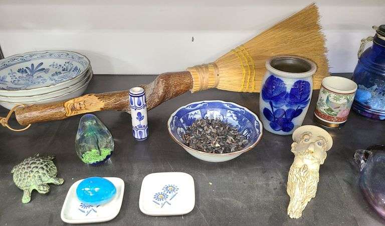 Lot Wood Carved Broom, Oriental Flow Blue Type Bowls, Cobalt Cookie Jar ...