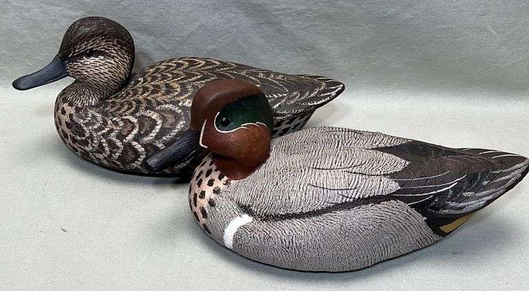 Pair Havre de Grace Decoy Museum green wing teal duck decoys by George ...