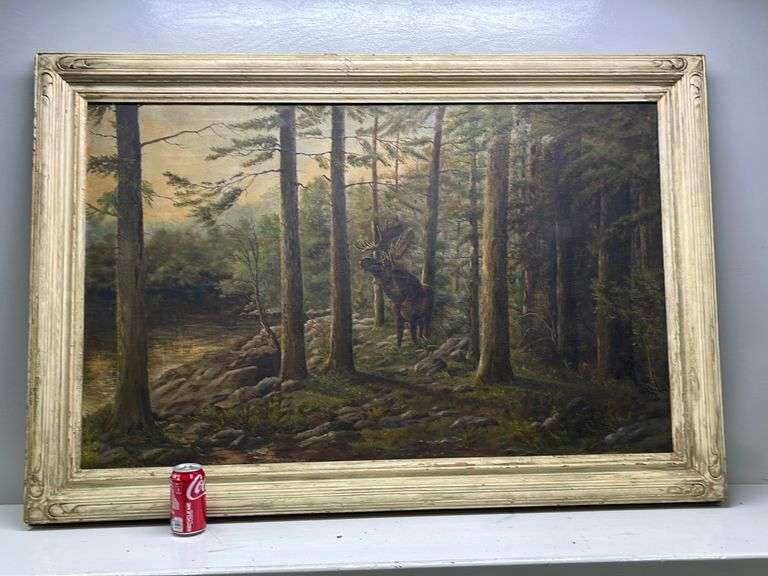 Antique forest scene painting with elk, signed lower center - Dixon's ...