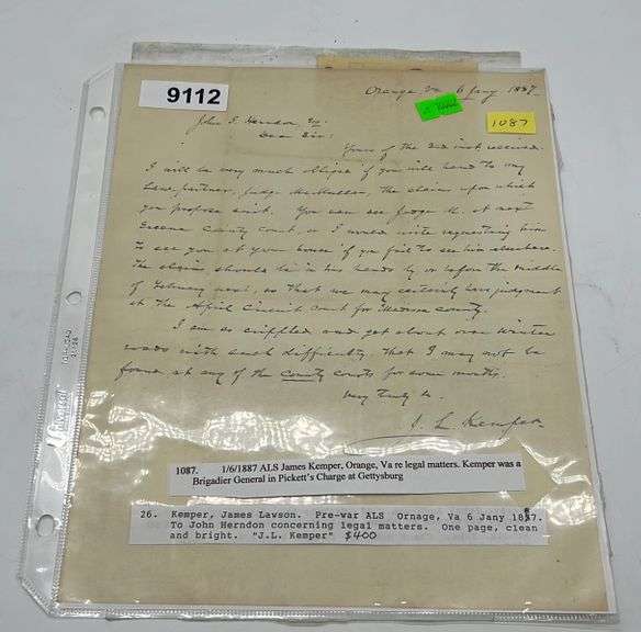 Confederate Brig. Gen. Kemper Signature on Post War Letter - Dixon's ...