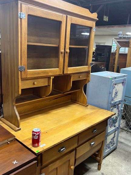 Antique mixed woods farmhouse kitchen work table with hutch top - Dixon ...